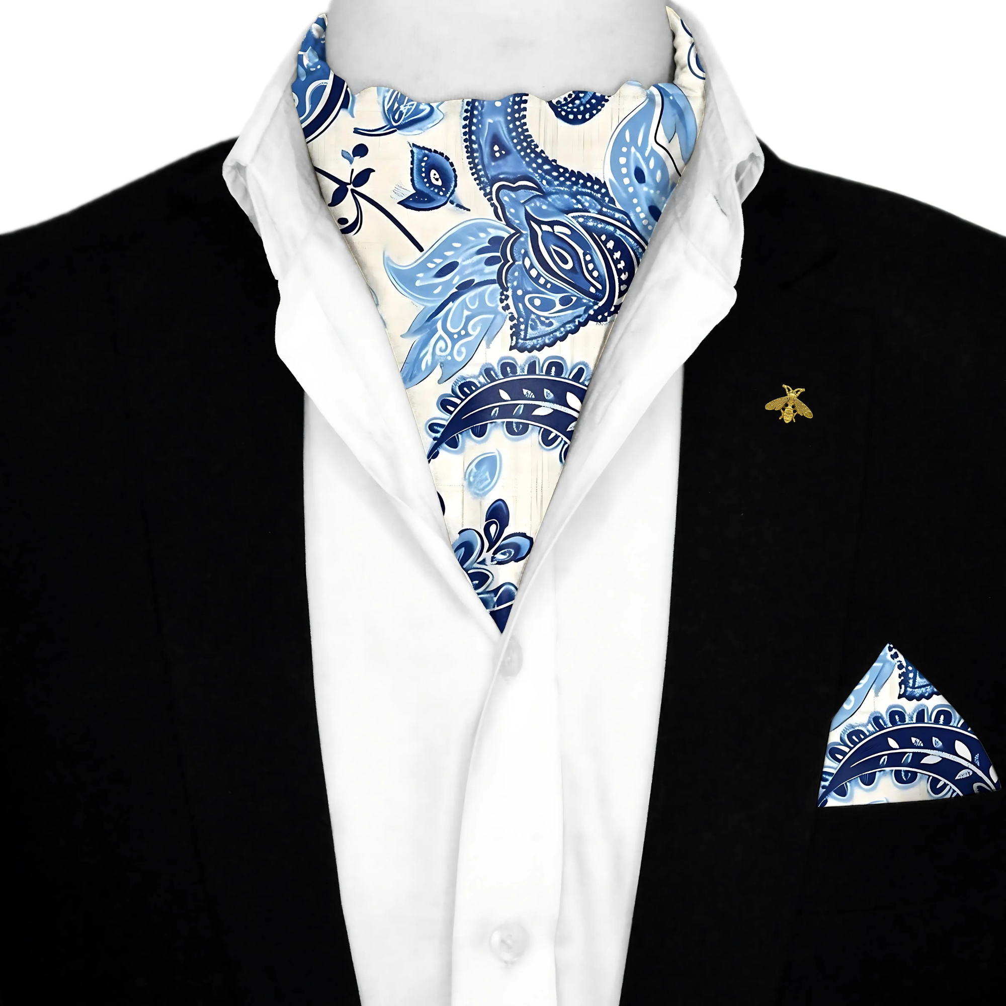 BEATITUDES PAISLEY SILK ASCOT WITH LAPEL PIN AND POCKET SQUARE – Black Wolf