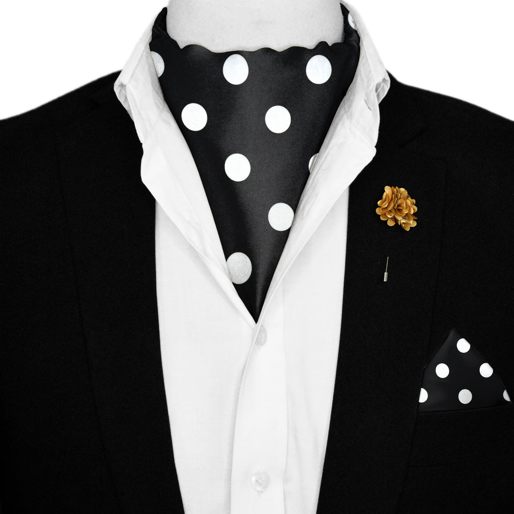 MEDIUM BLACK POLKA SILK ASCOT WITH LAPEL PIN AND POCKET SQUARE – Black Wolf